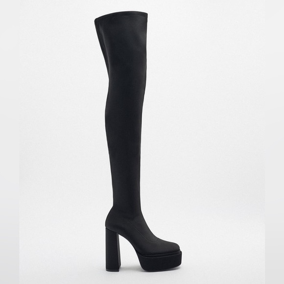 Zara | Shoes | Zara Black Fabric Over The Knee Tall Platform Boots ...